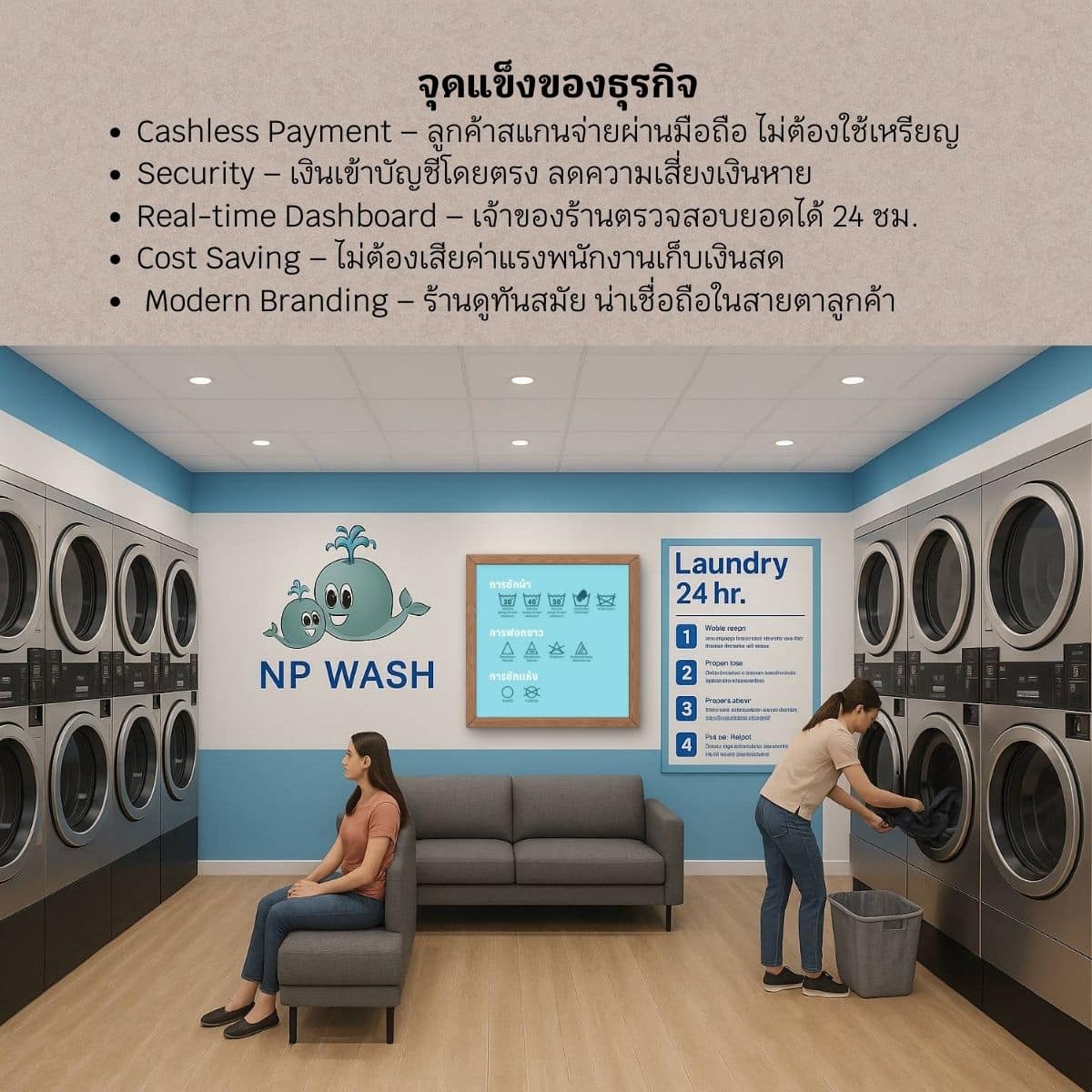 ร้านสะดวกซัก NP Wash Laundry 24 ชั่วโมง สแกนจ่ายด้วย QRcode